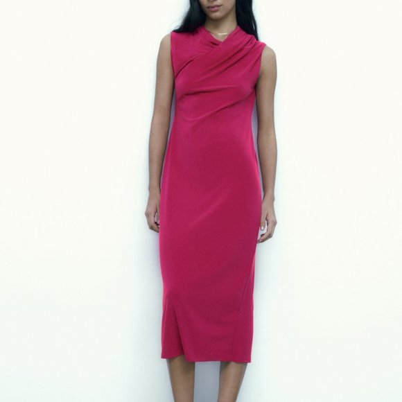 Zara | Dresses | Nwt Draped Midi Fuchsia Dress | Poshmark